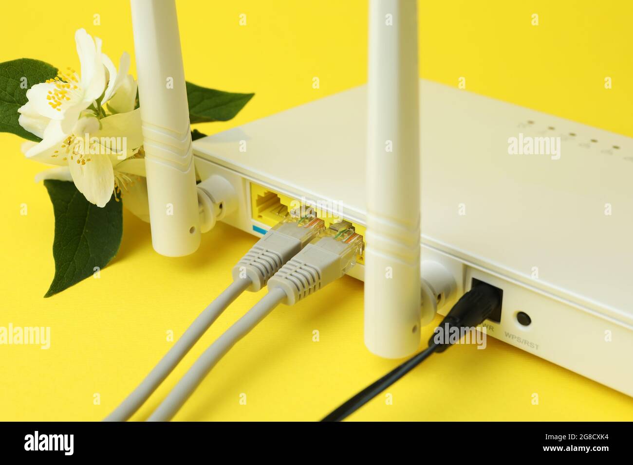 Wi-Fi router and flowers on yellow background Stock Photo - Alamy
