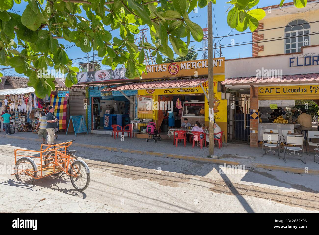 shops and restaurants on the main street of Tulum, Quintana Roo, Mexico ...