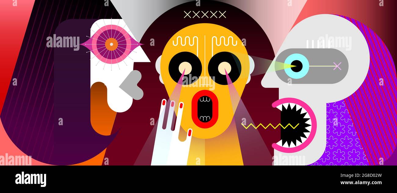 Three people have a heated argument. Modern art vector illustration ...