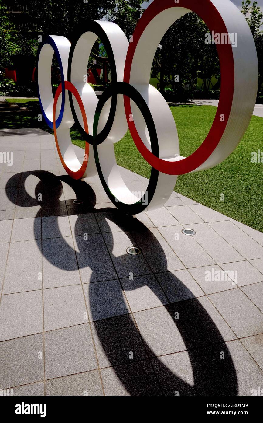 Tokyo, Japan. 15th July, 2021. The Olympic Rings making their shadow on ...