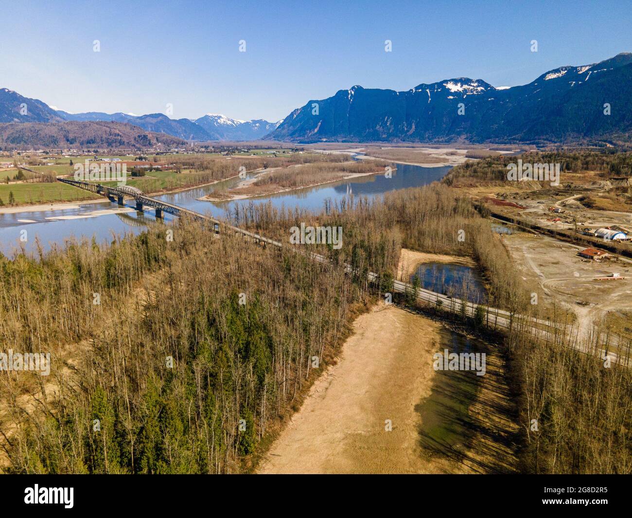 Bird-eye view of the Rosedale Agassiz highway bridge and Mount Cheam on ...