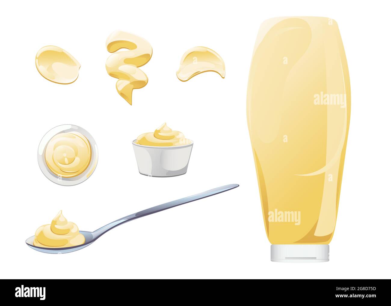 Mayonnaise in bowl, bottle, stains and splash set. Condiment white ...
