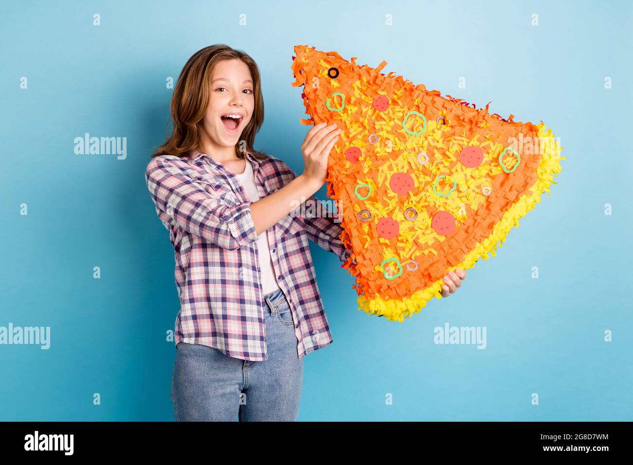 Photo of nice optimistic red hairdo girl eat pizza wear plaid shirt ...