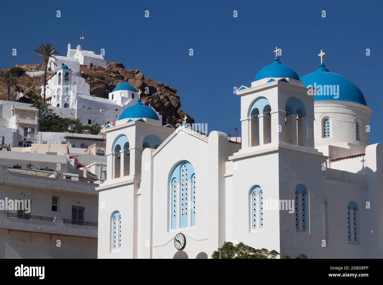 Ios island, Greece. Old village view with churches and chapels on the ...