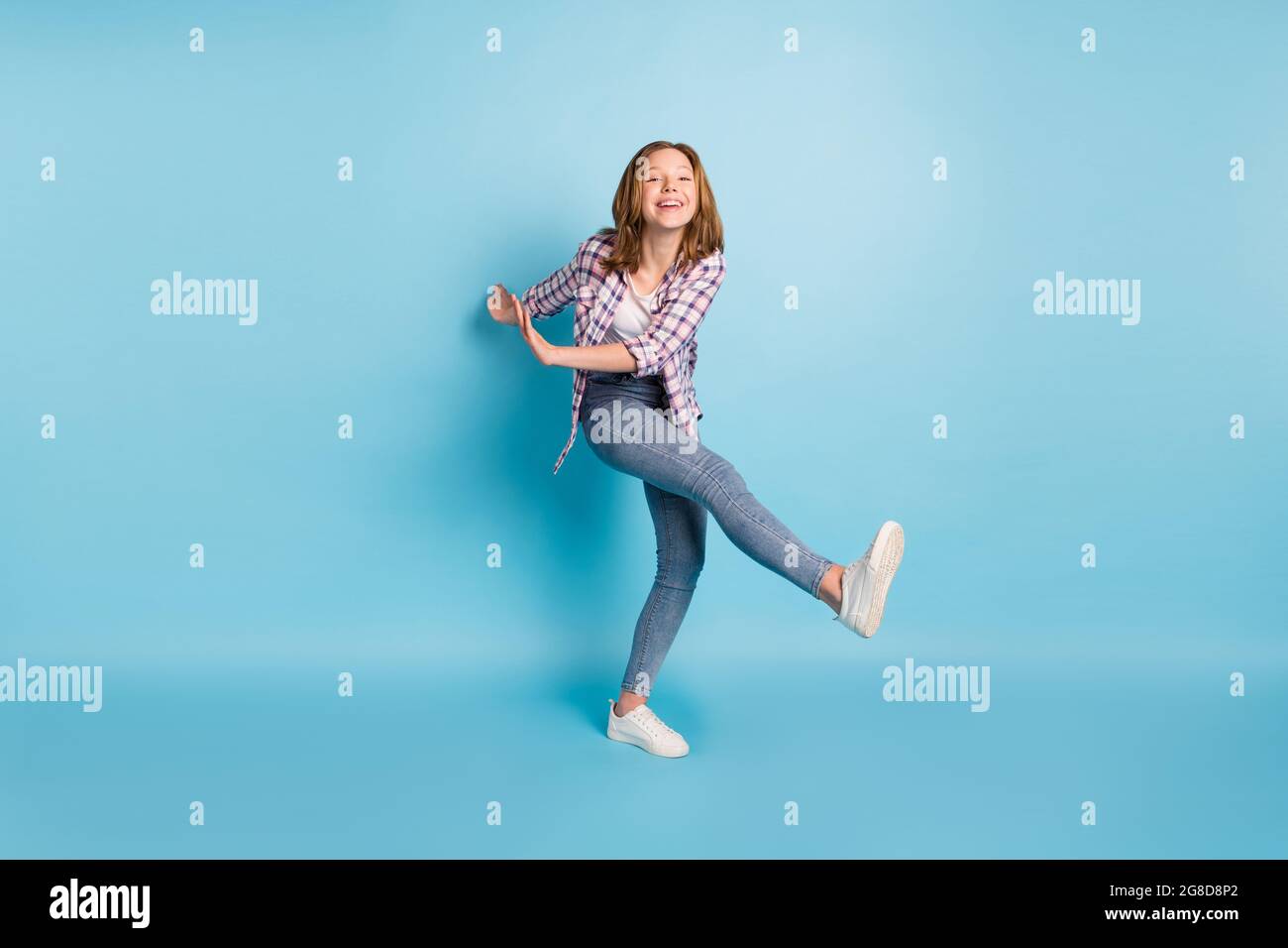 Full body portrait of crazy cheerful pupil enjoy partying make moves ...
