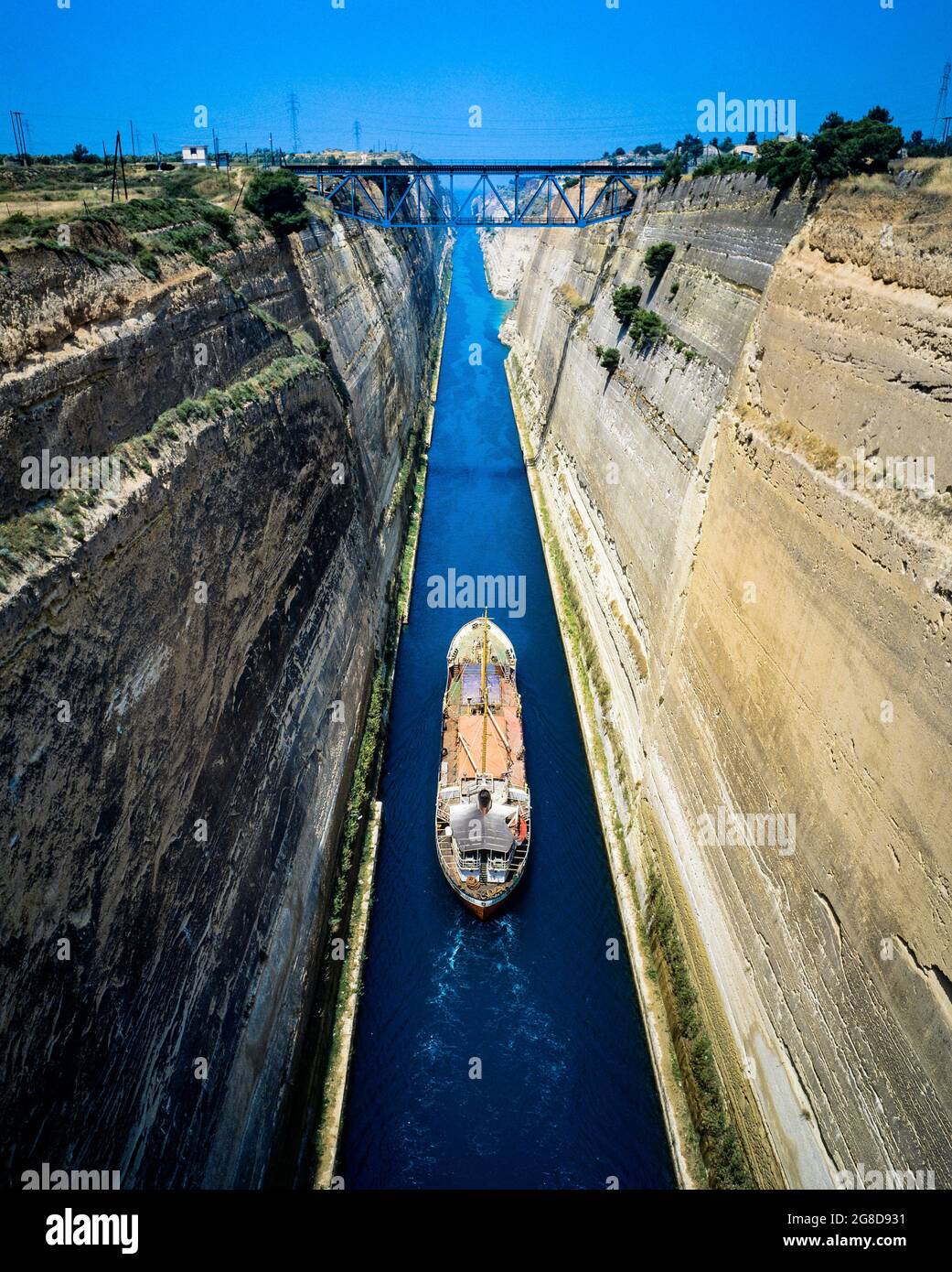 Canal of Corinth, cargo boat crossing, Isthmus of Corinth, Peloponnese ...
