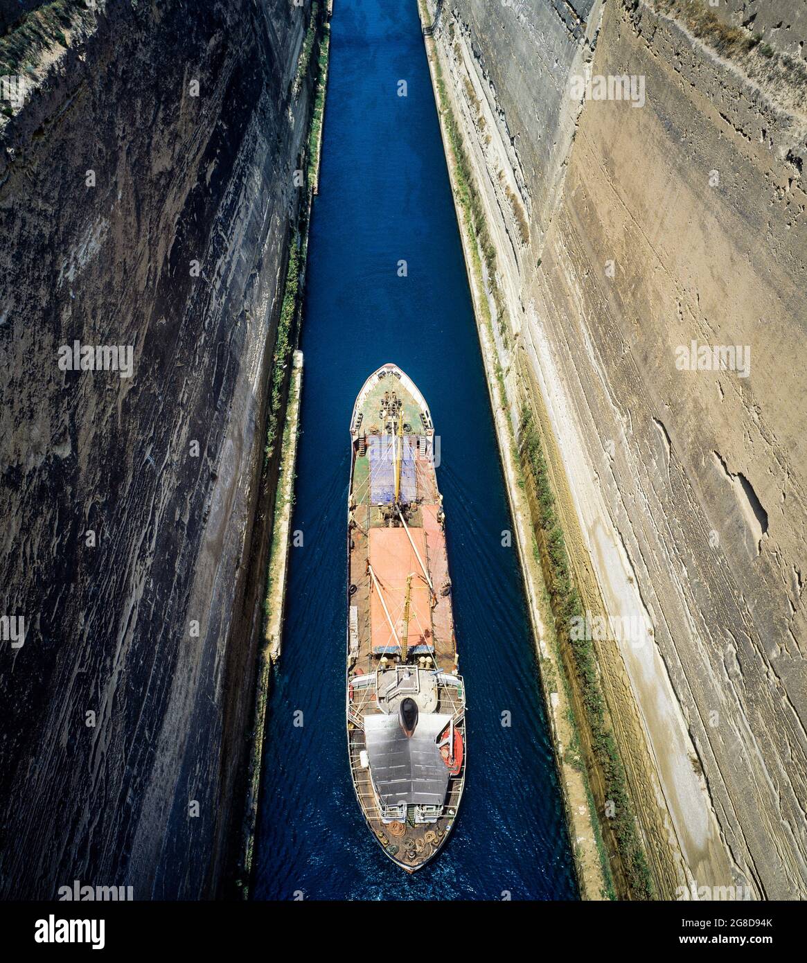 Canal of Corinth, cargo boat crossing, Isthmus of Corinth, Peloponnese ...