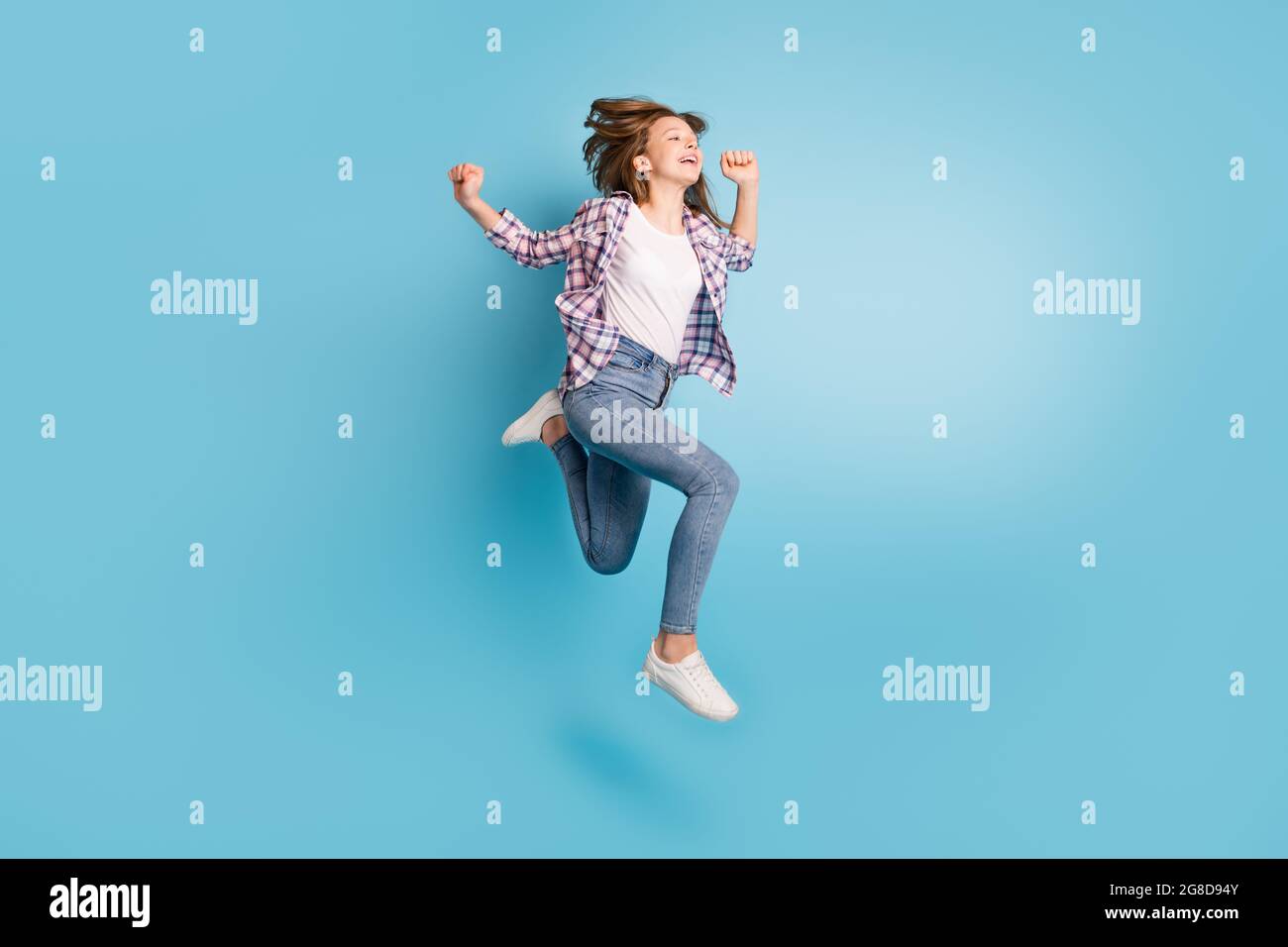 Full body profile photo of energetic person have fun look empty space ...