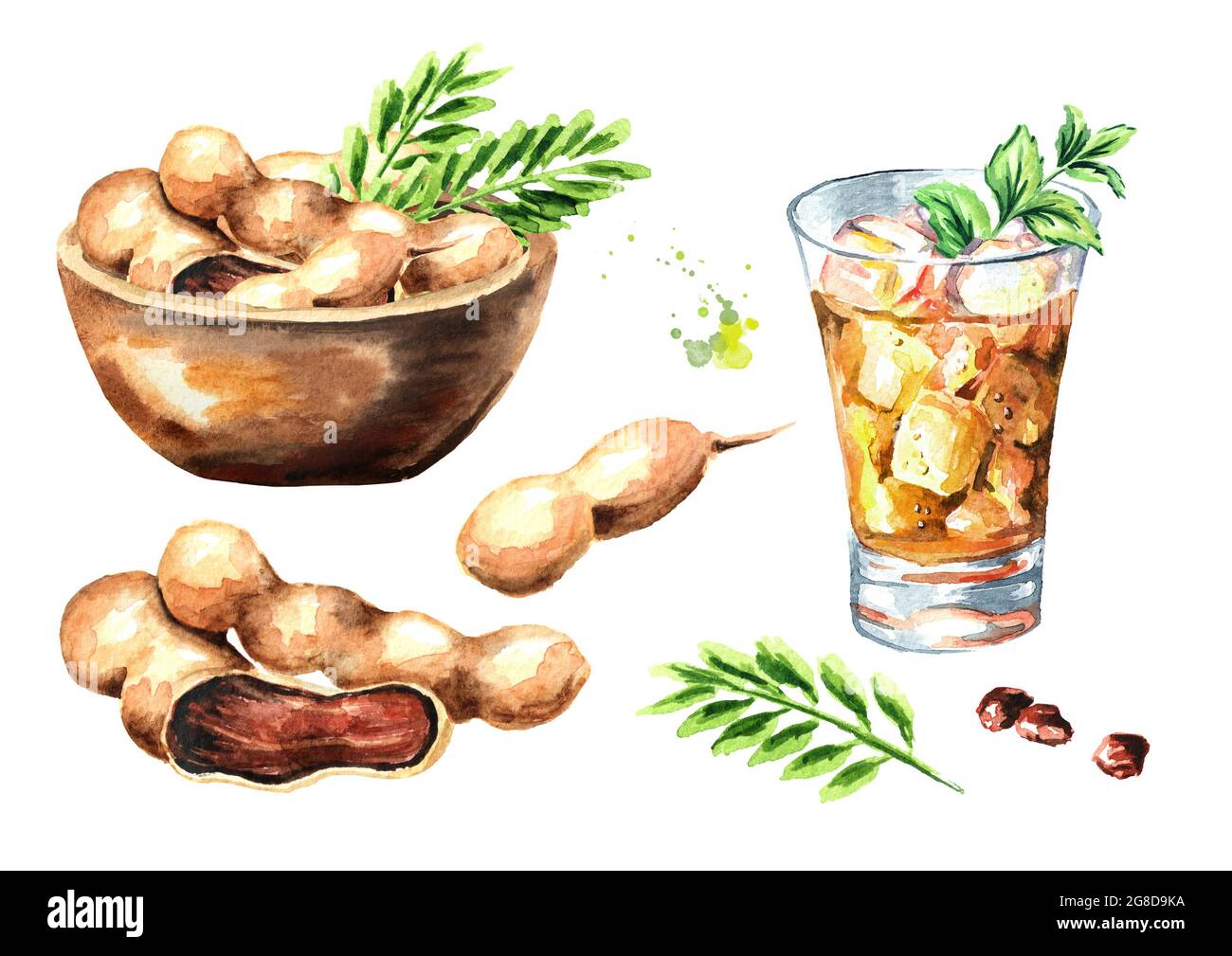 Fresh tamarind fruits and leaves, glass of juice with ice and bowl with ...