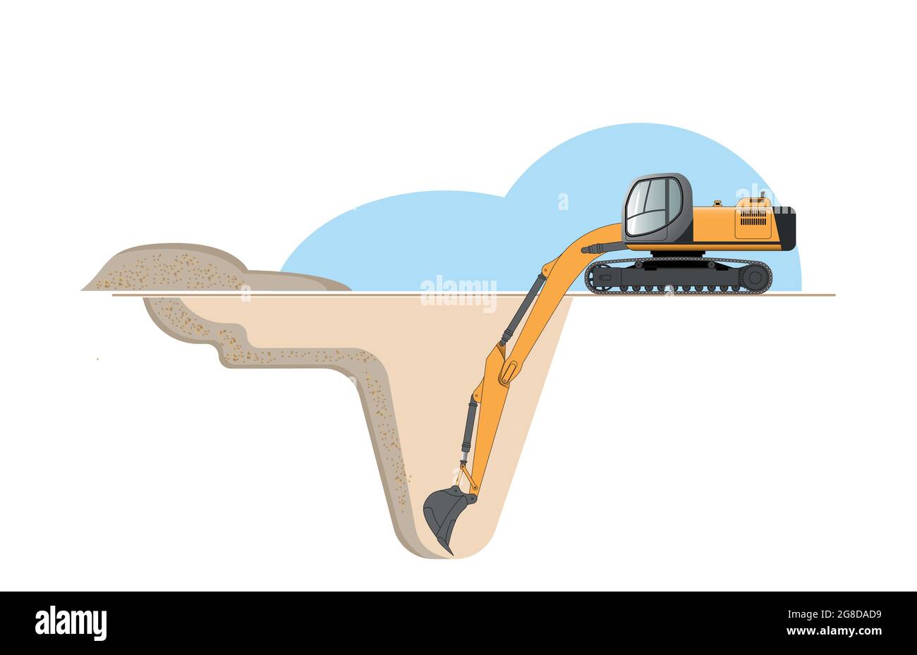 An excavator at a construction site digs a foundation pit. Flat vector ...