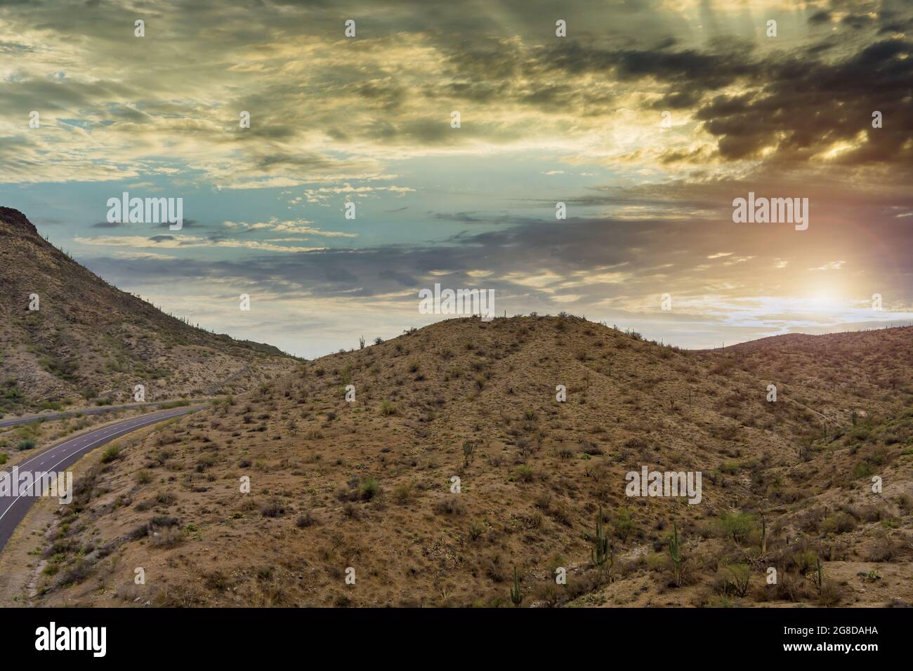 Aerial view adventure traveling desert road on of the asphalt highway ...