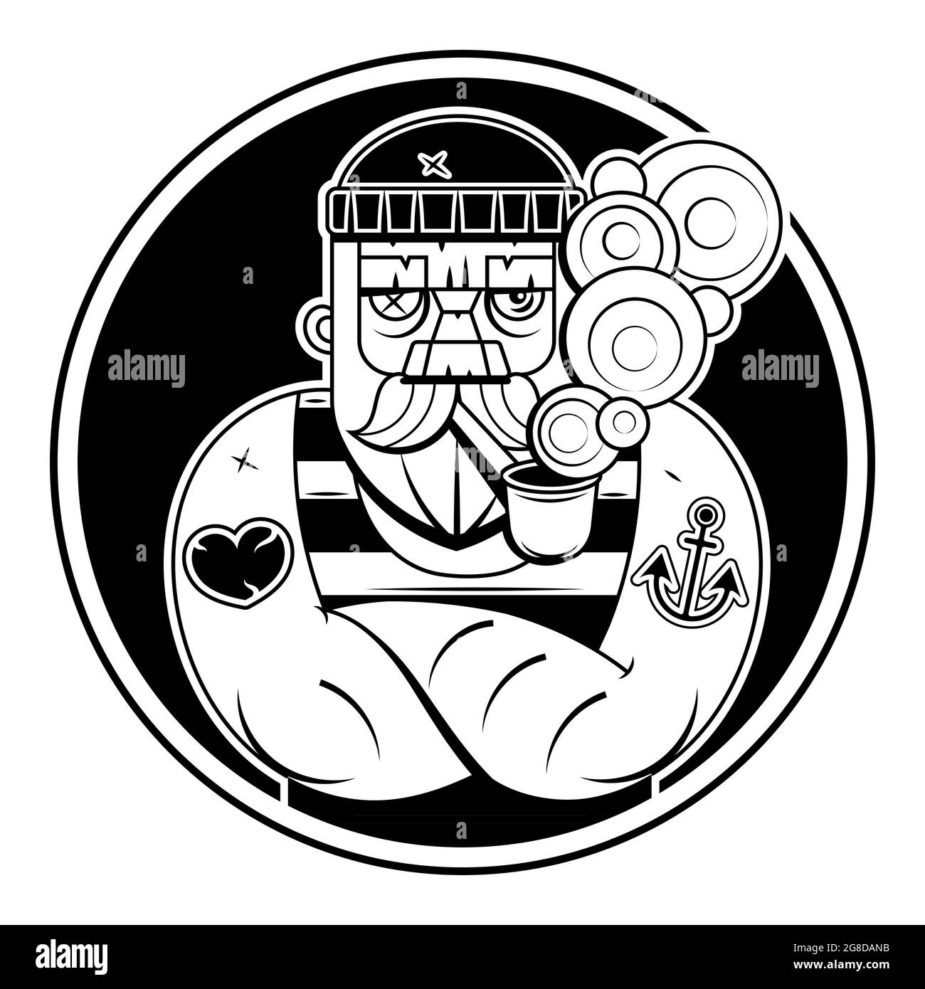 Vector hand drawn illustration of captain with pipe. Tattoo artwork in ...