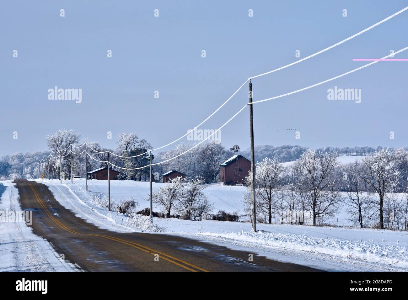 Brilliant hoarfrost ice crystals from water vapor coating power lines ...