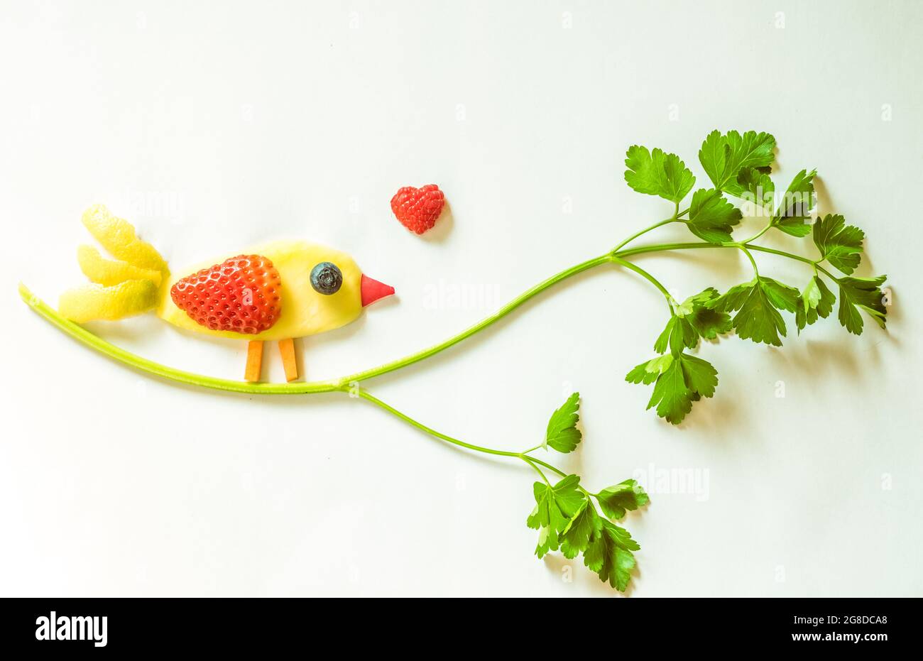 bird made from mango, strawberry, grape, blueberry and parsley herb ...