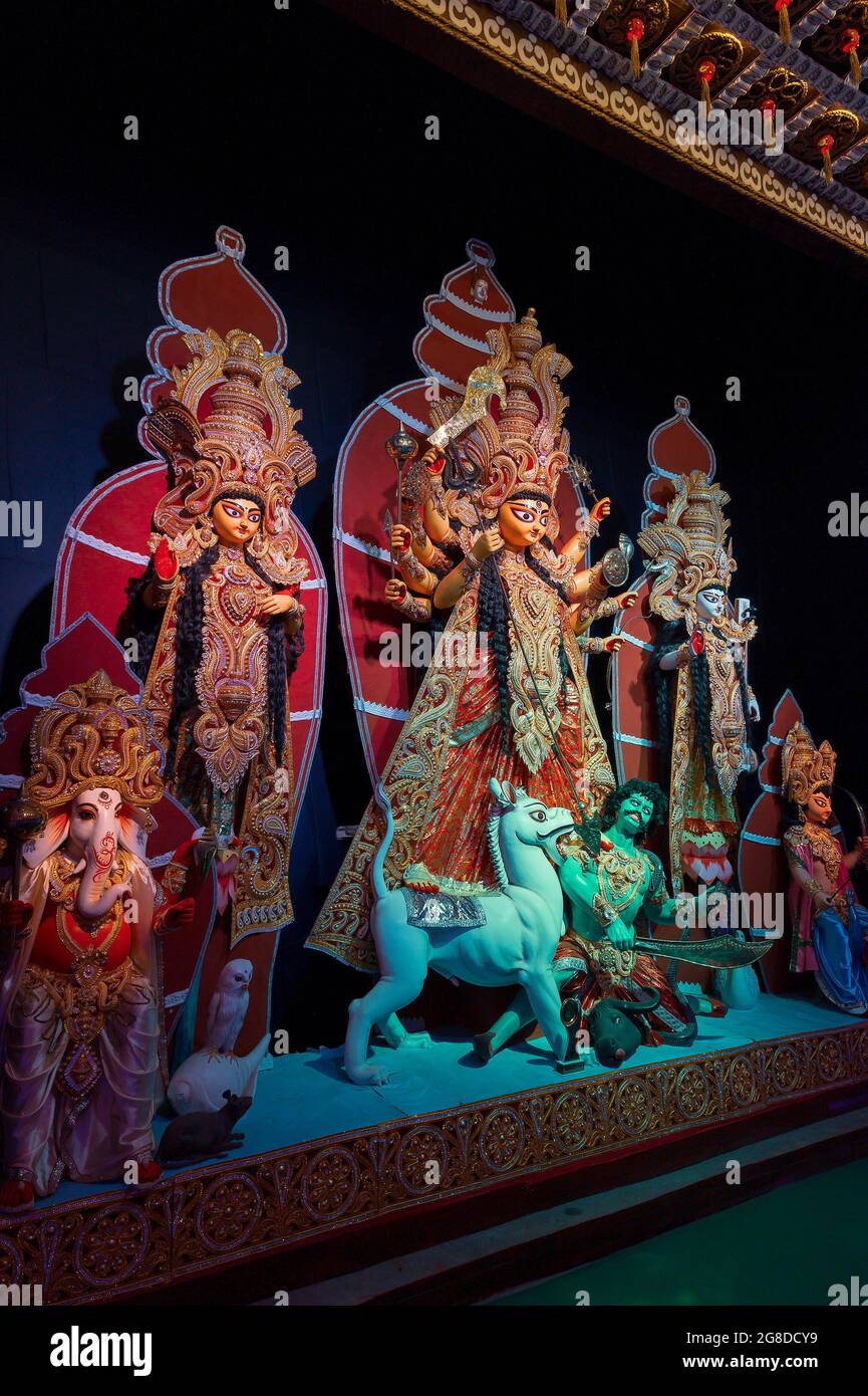 Decorated Durga Puja pandal with Goddess Durga idol, Durga Puja ...