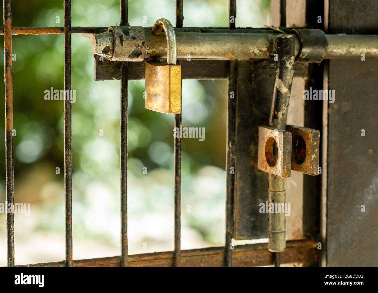 Closeup of a lock hanging on a metal door Stock Photo - Alamy