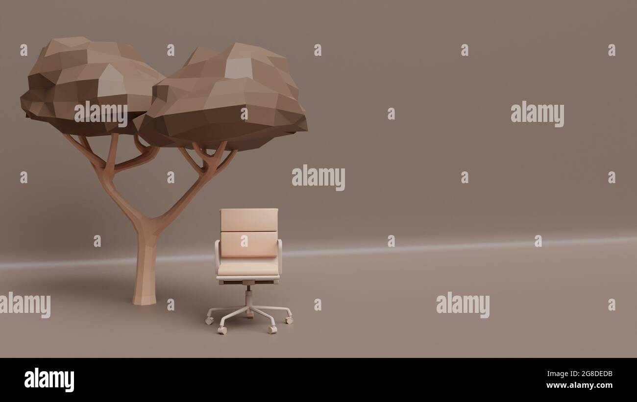 Office chair and tree isolated on a brown background - monochrome 3D ...