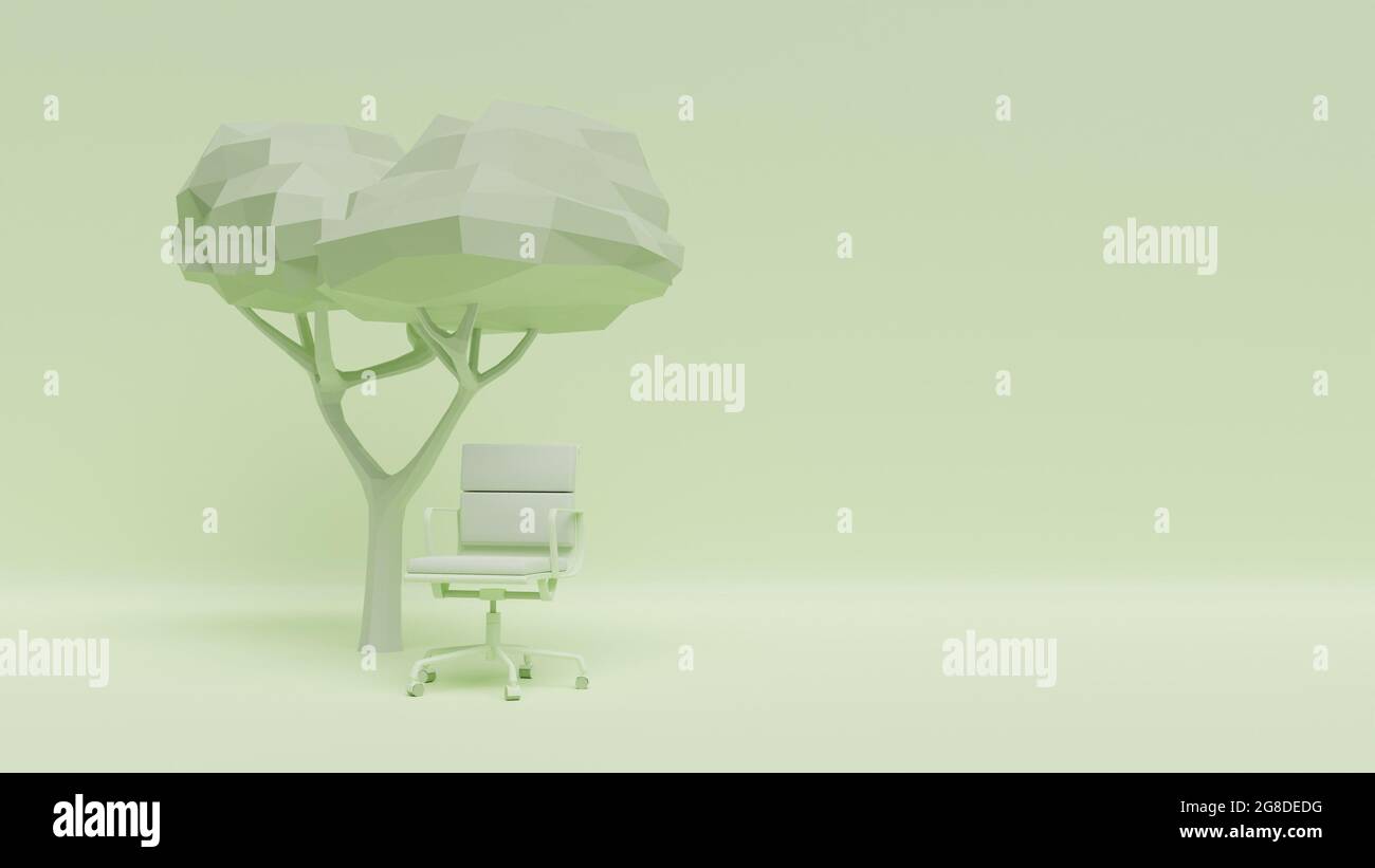 Office chair and tree on a pastel green background - monochrome 3D ...