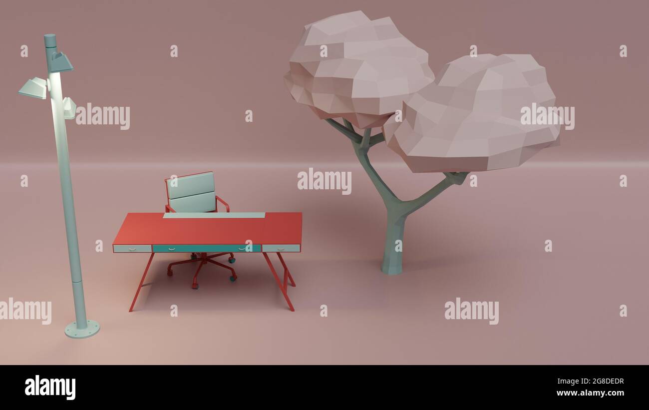 Street light, tree, and office furniture on a pink background - 3D ...