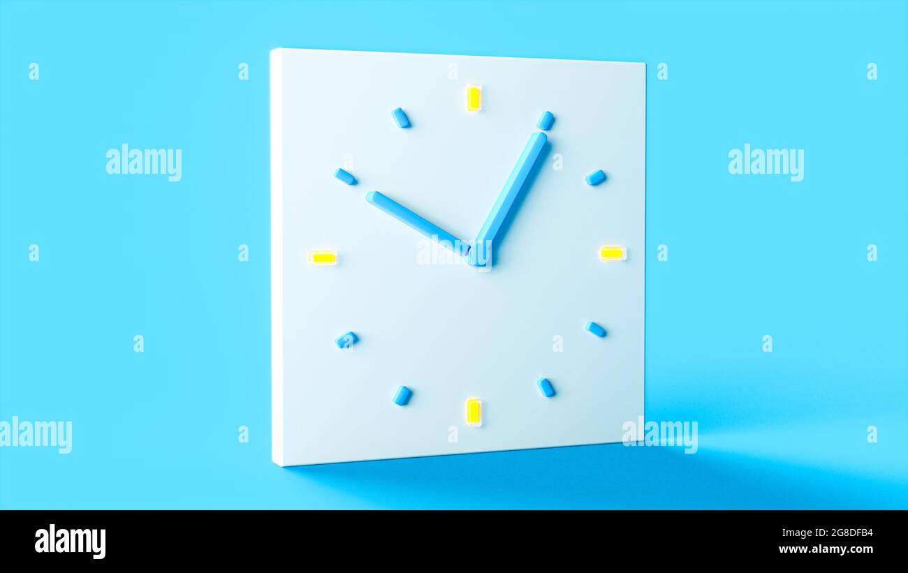 3d rendering of a white clock in a square shape ion a blue background ...