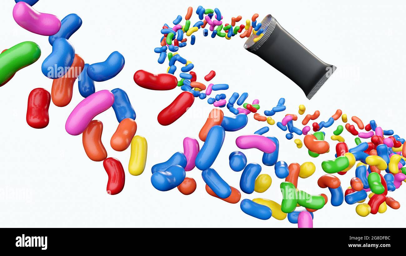 3d rendering of colorful jelly beans spilling out from snack wrapper ...