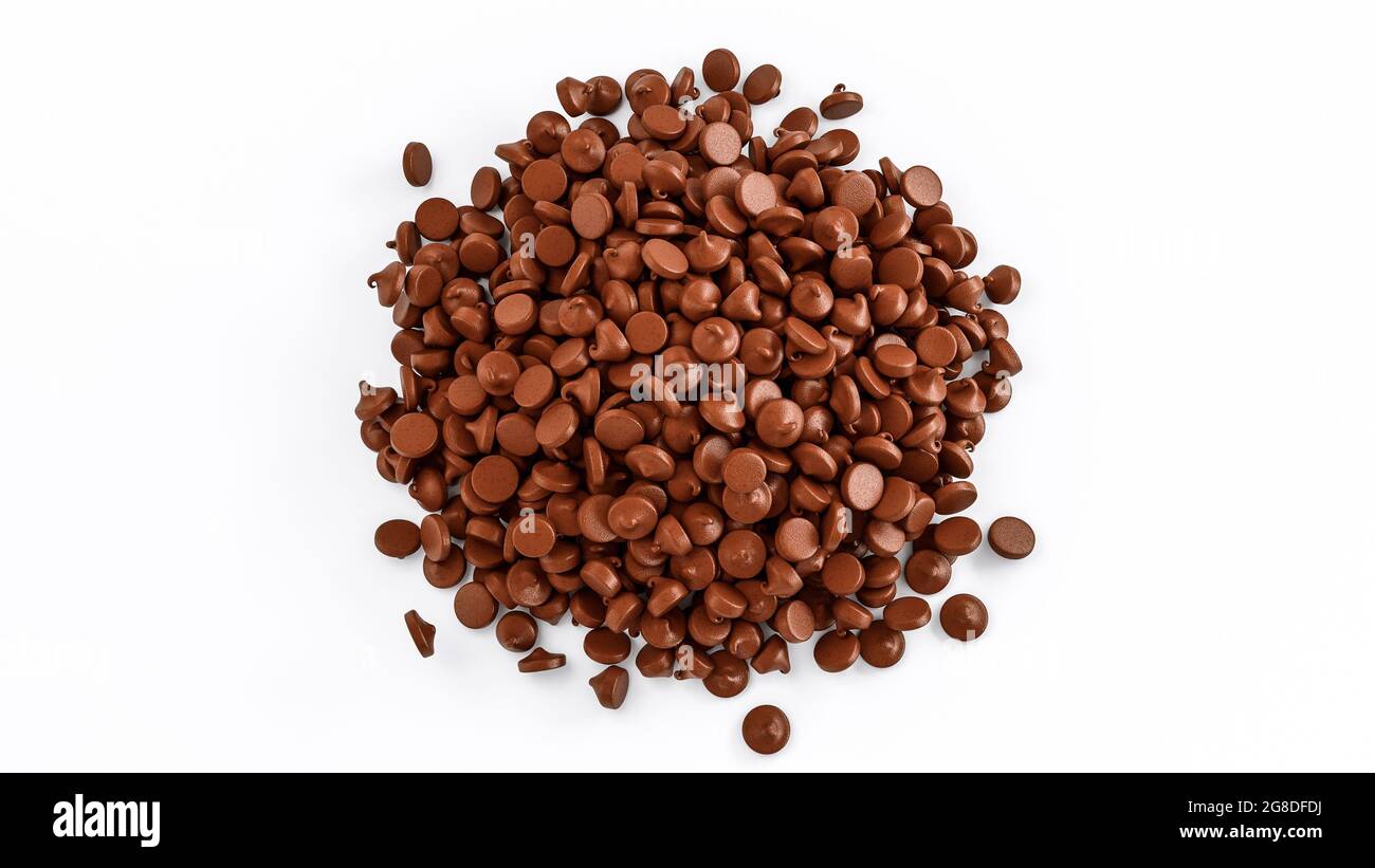 3d rendering of chocolate chips pile from a top on a white background ...
