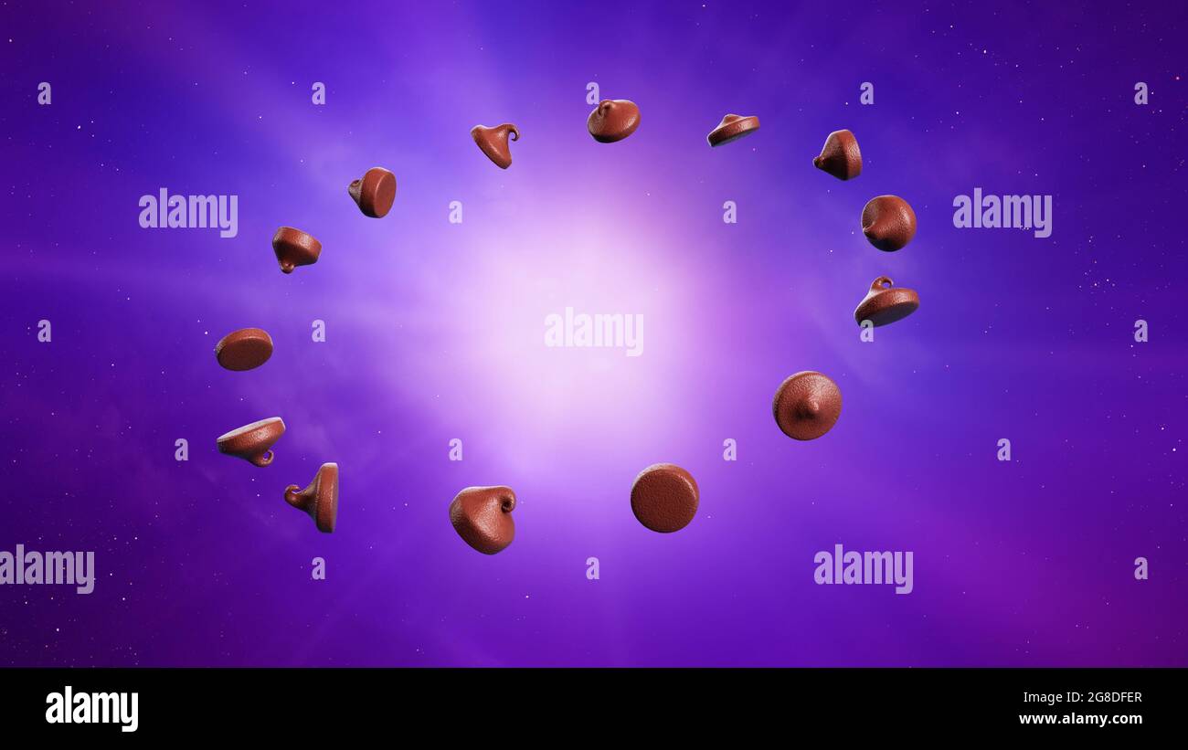3d rendering of chocolate chips flying around like solar system orbit ...