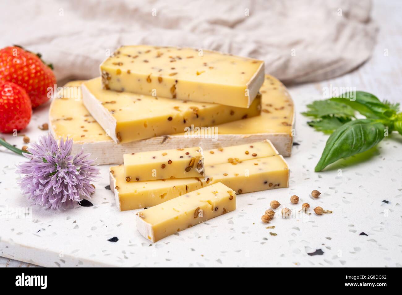 Cheese collection, matured yellow cow cheese with mustard seeds from ...