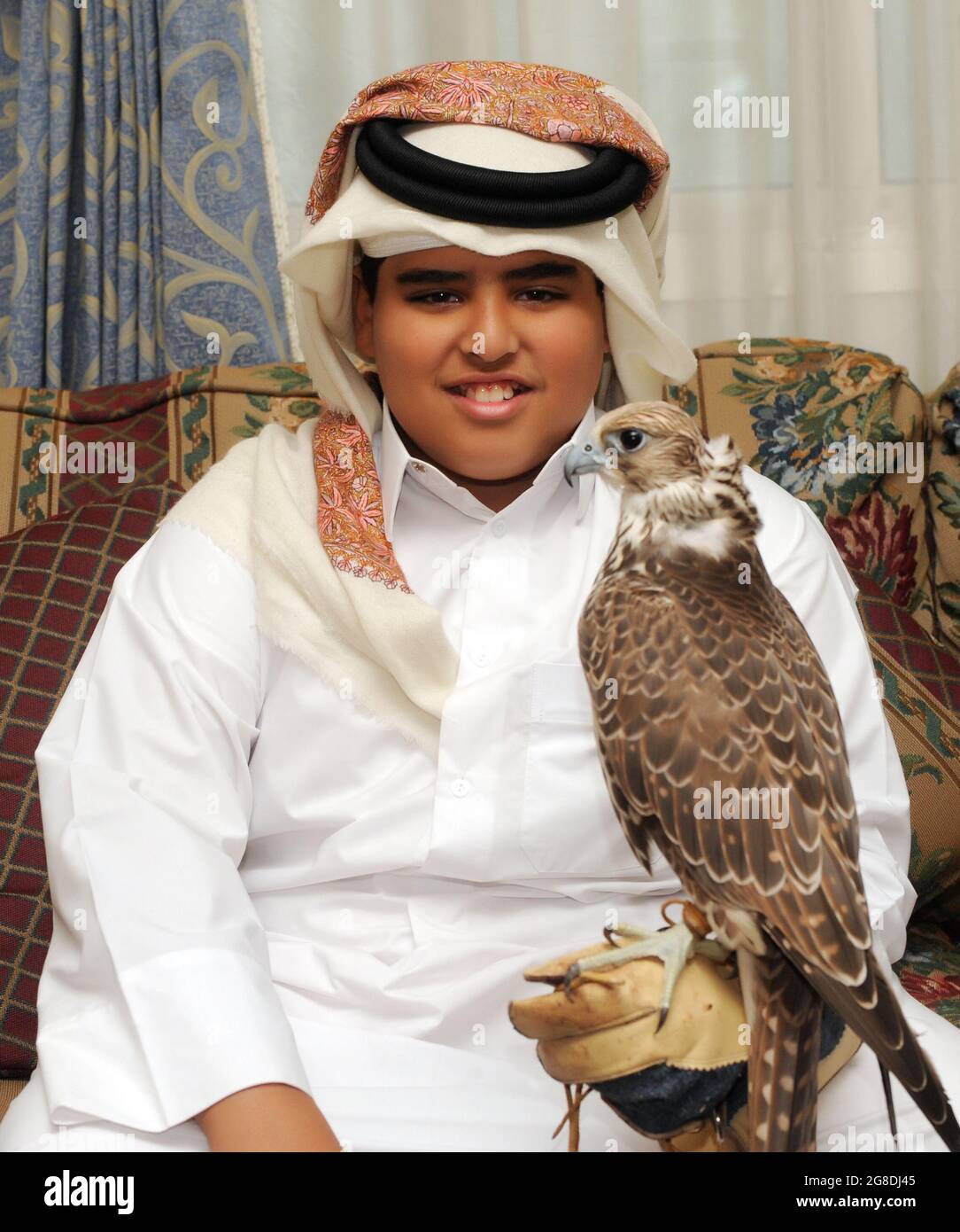 Arab boy with falcon -QATAR Stock Photo - Alamy