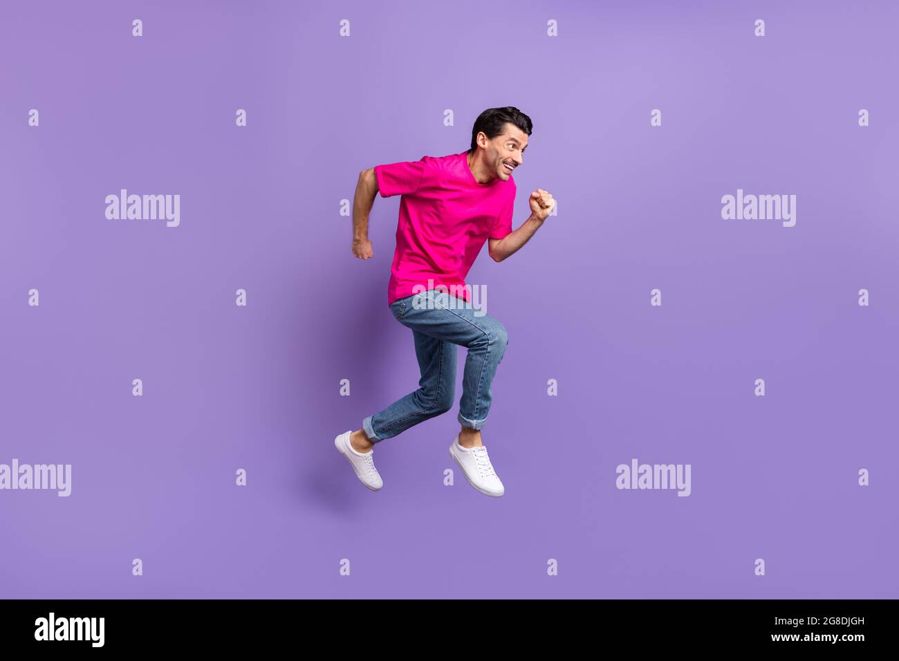 Full size profile side photo of young happy cheerful funky crazy man ...