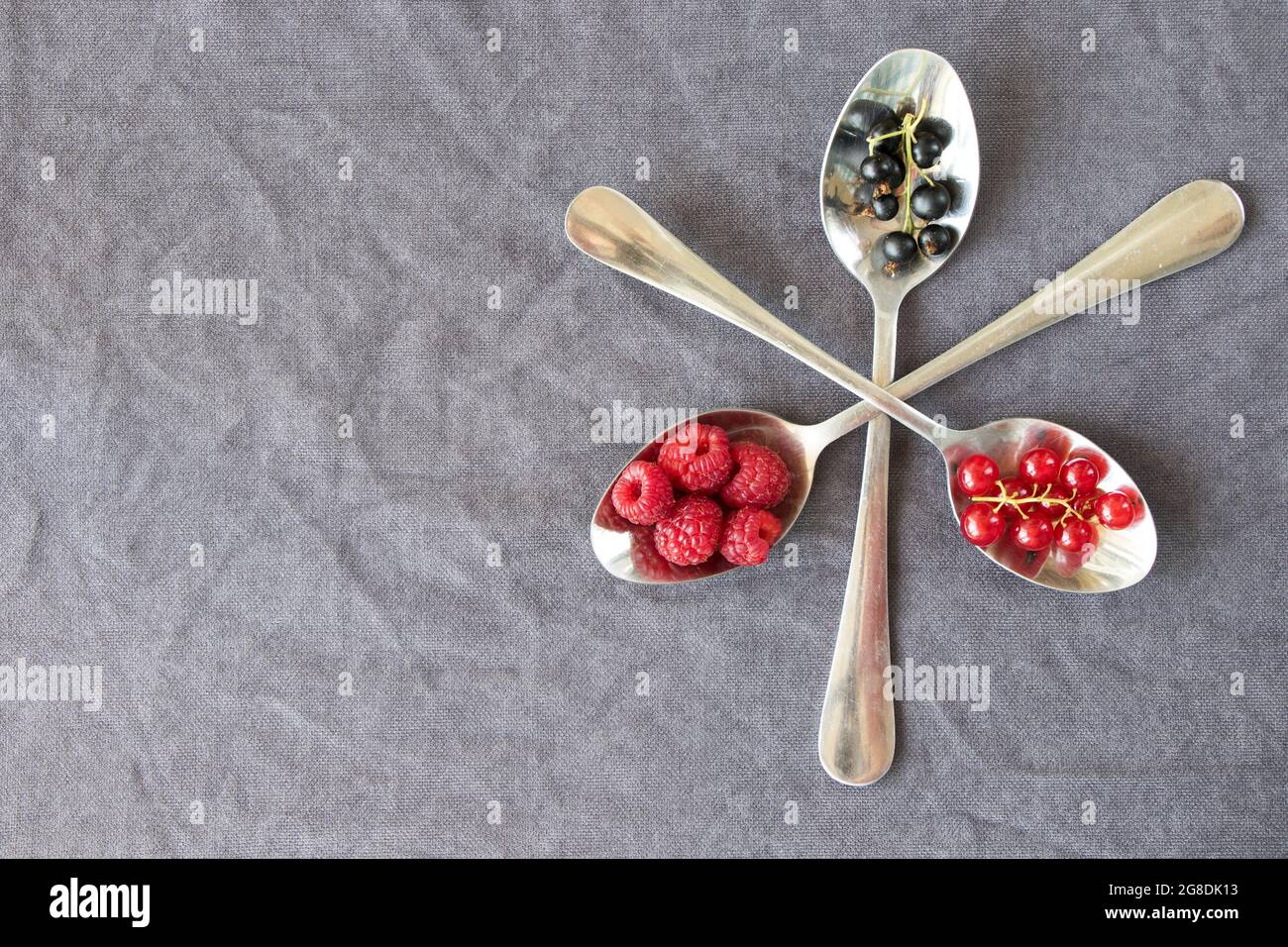Top view of red and black currants and raspberries on iron spoons on a ...