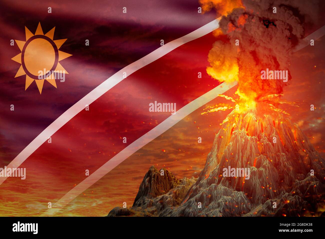 conical volcano blast eruption at night with explosion on Namibia flag ...