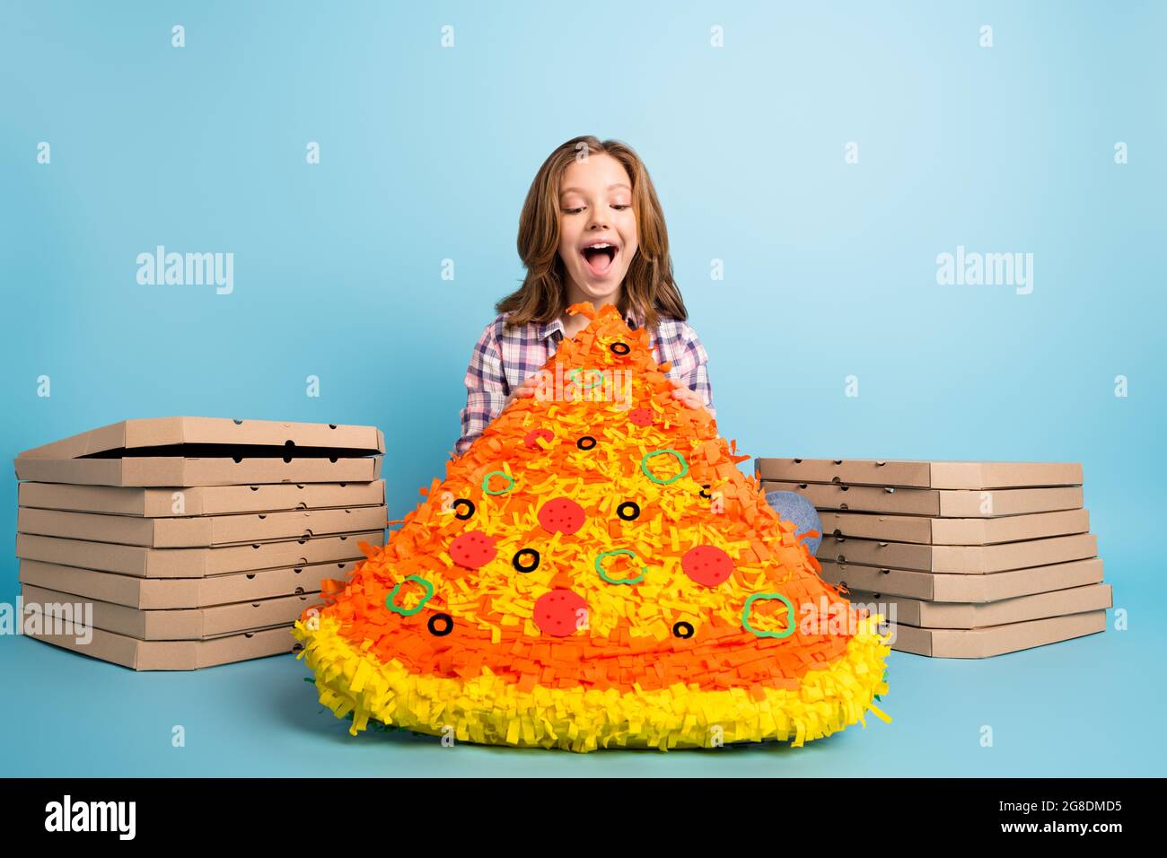 Photo of nice optimistic red hairdo girl eat pizza with boxes wear ...