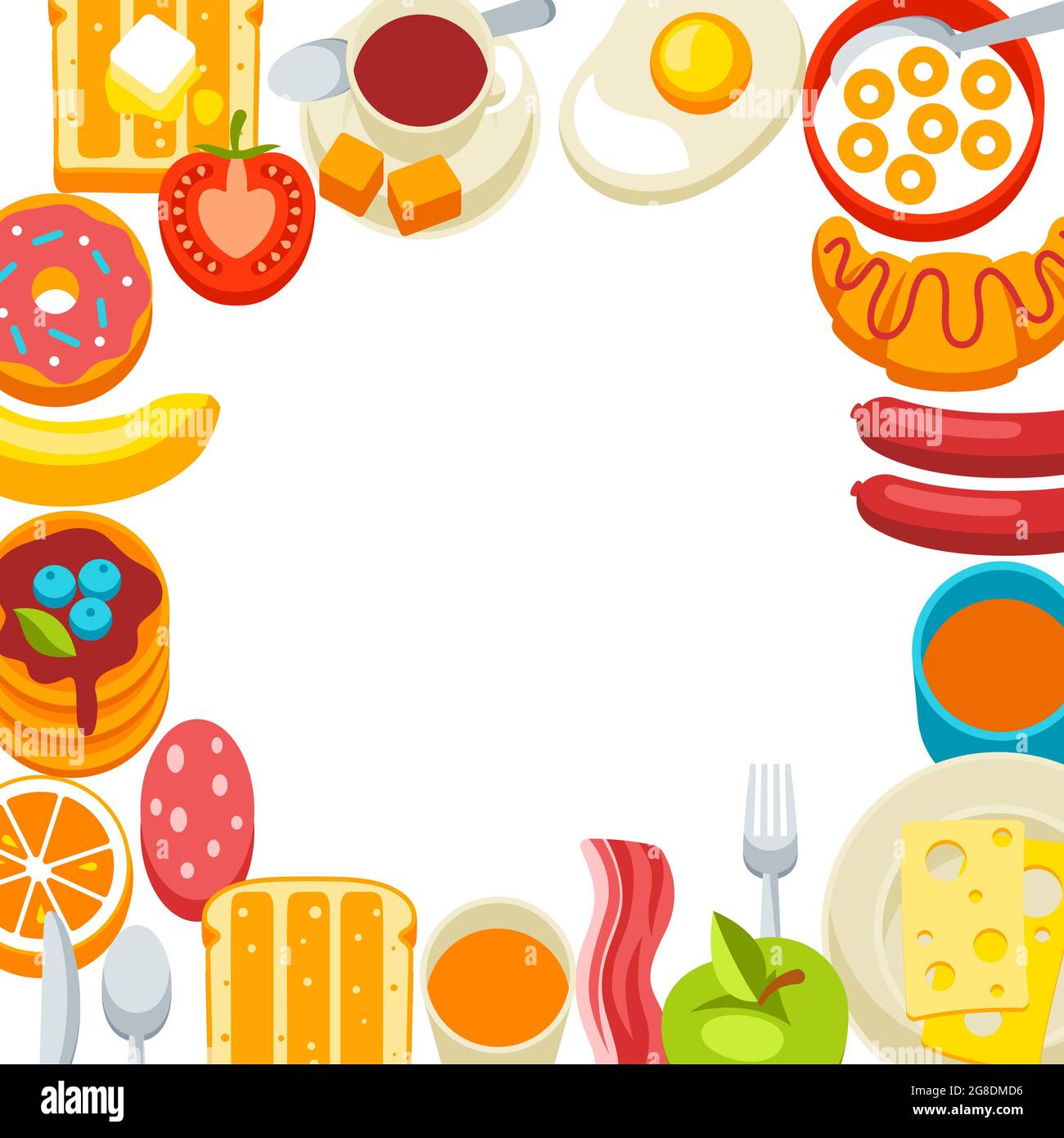 Healthy breakfast frame. Various food and drinks. Illustration for ...