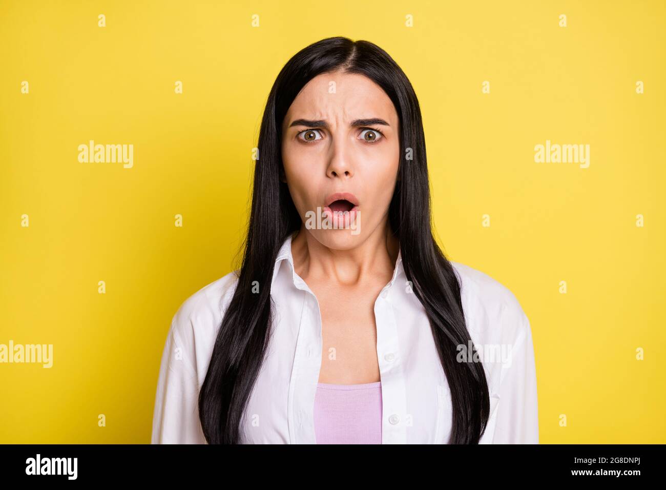 Photo of astonished shocked attractive young woman open mouth fake news ...