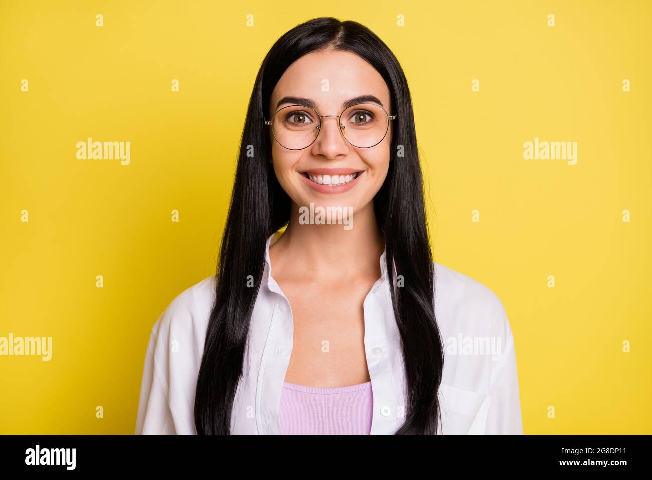Photo of attractive charming young lady wear glasses beaming smile ...