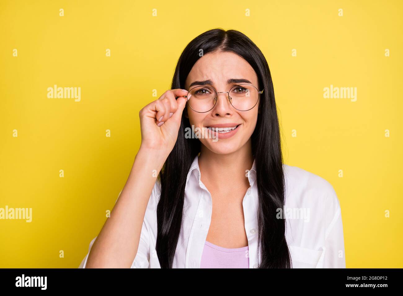 Photo of joyful positive young woman laugh good mood wear glasses ...