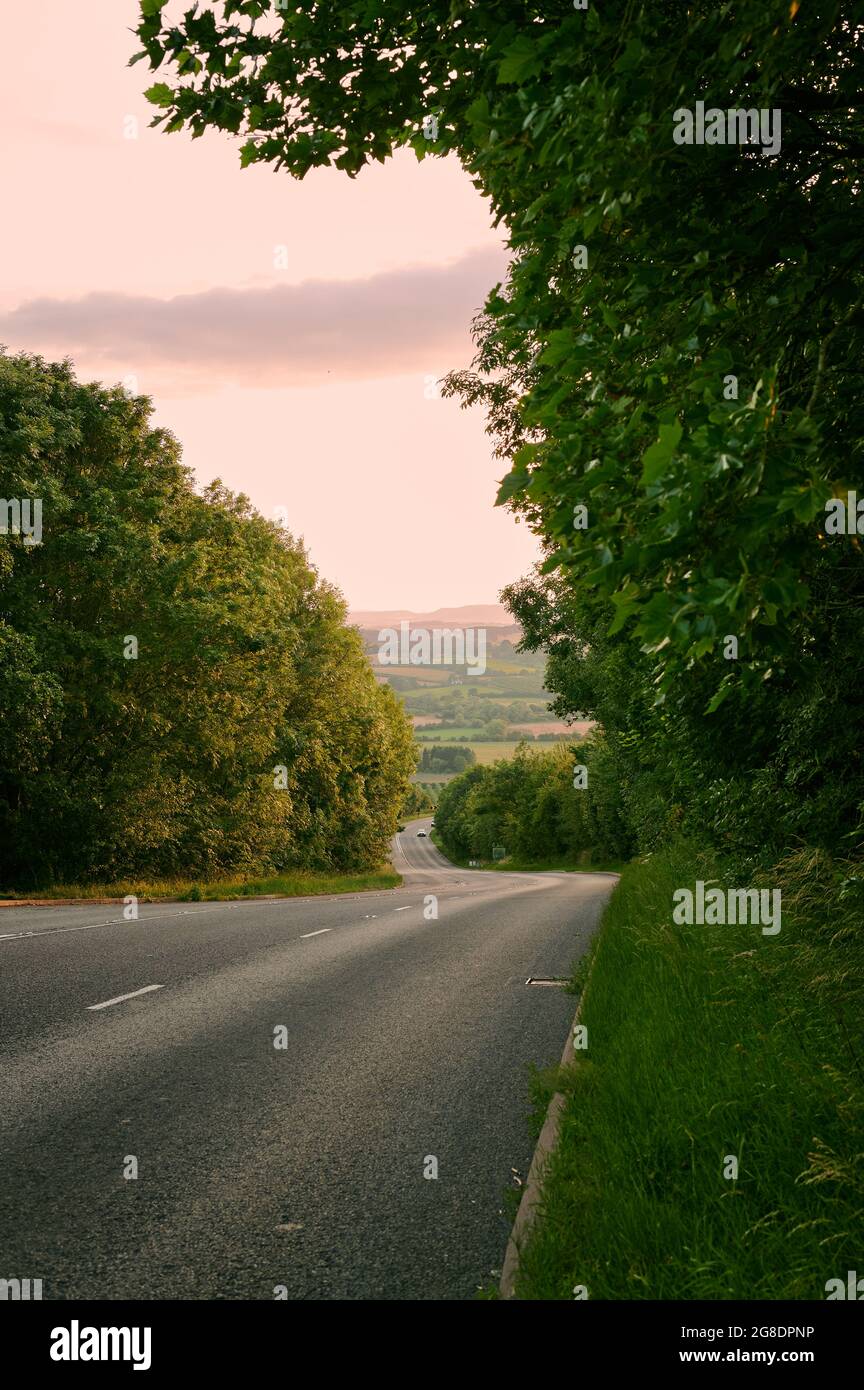 Country road in english countryside in summer with blue sky in the ...