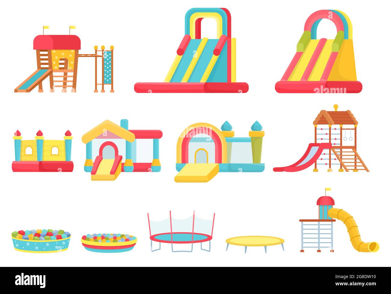 Cartoon trampolines. Children play room elements, inflatable castles ...