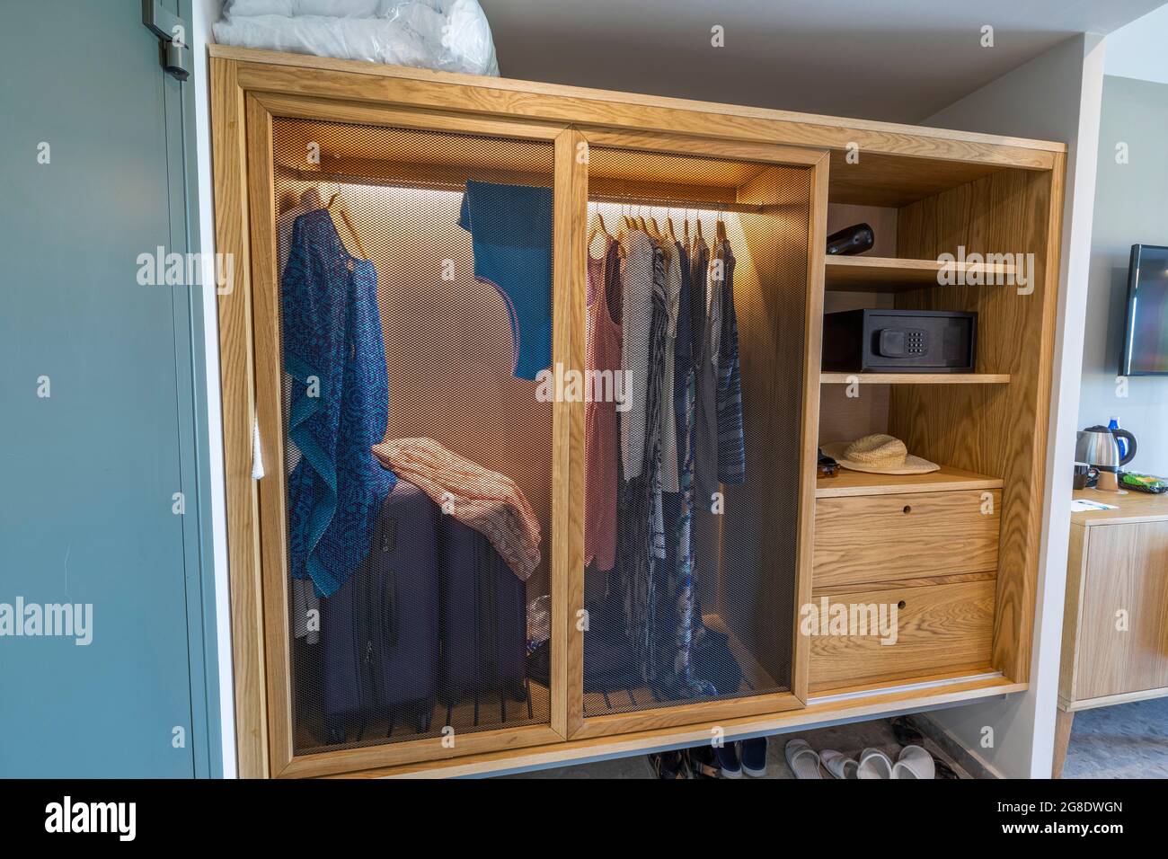 View of wardrobe in hotel room. Interior design concept. Greece Stock ...