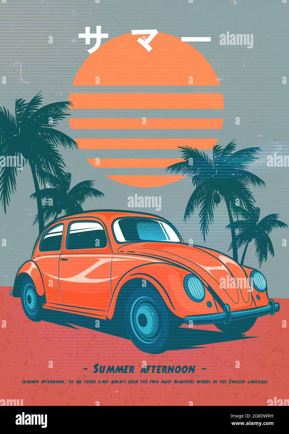 Colorful vintage poster with a bug car on a beach and Japanese ...