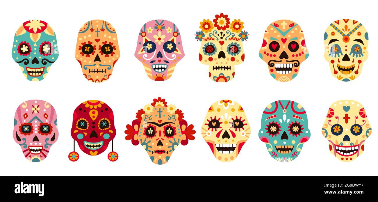 Dia de Los Muertos skull. Mexican day of the dead decorative man and woman sugar skulls with ...