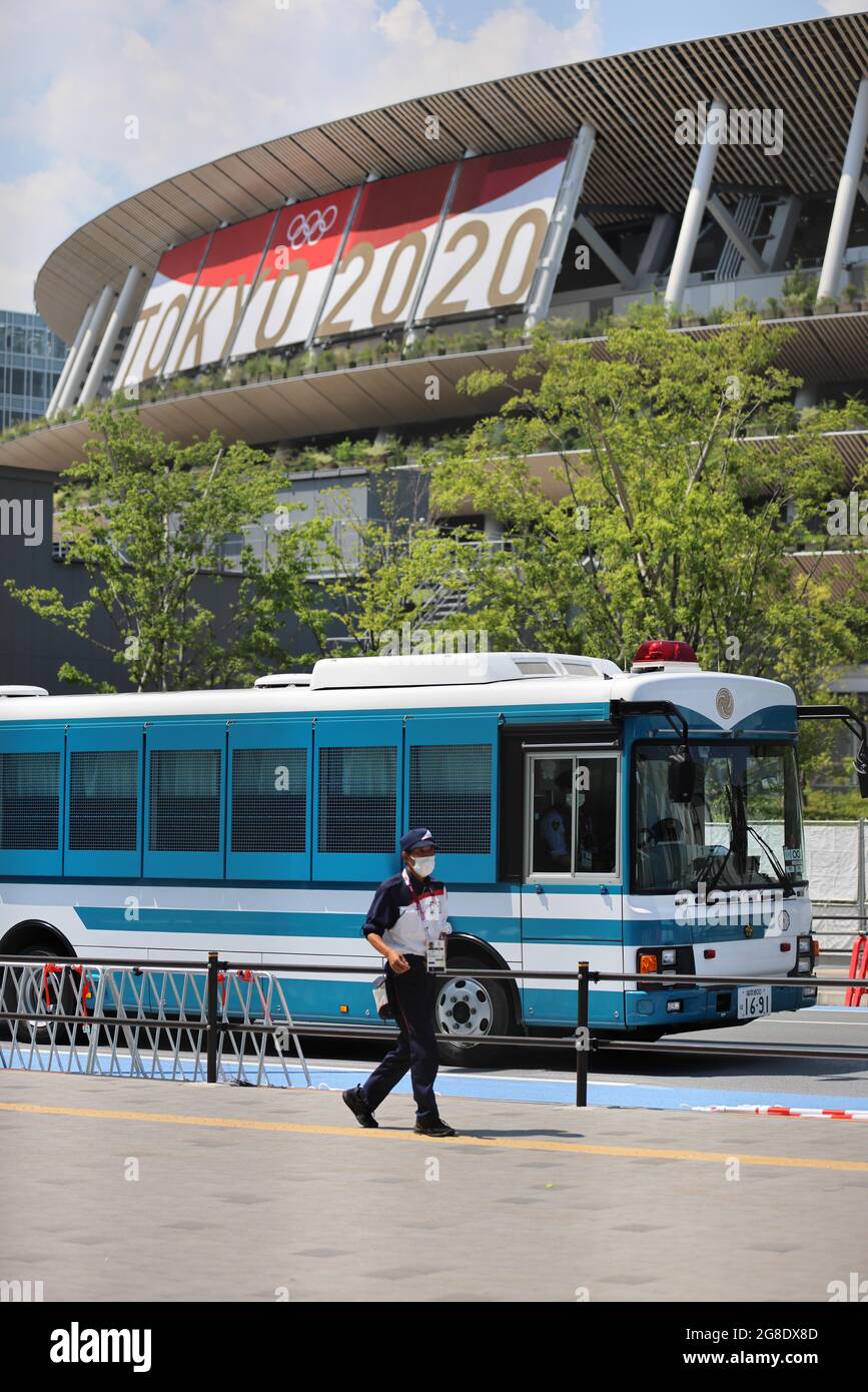 Tokyo, Japan. 19th July, 2021. Police bus parked in front of the ...