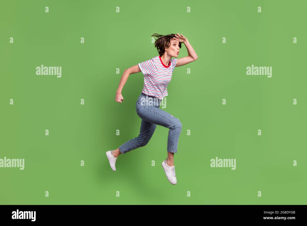 Full length body size profile side view of attractive amazed girl ...