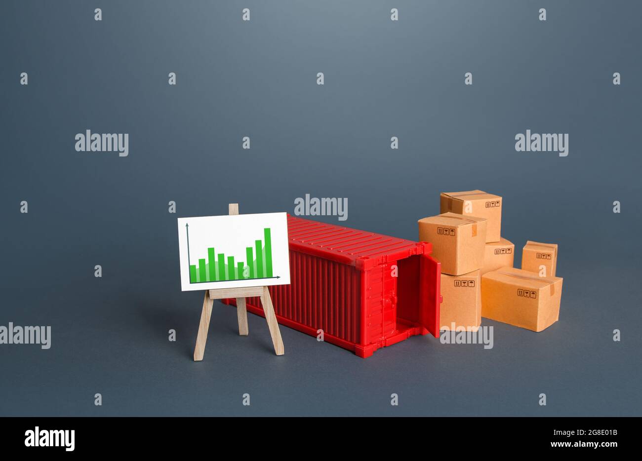 Shipping container and boxes near easel with positive growth graph ...