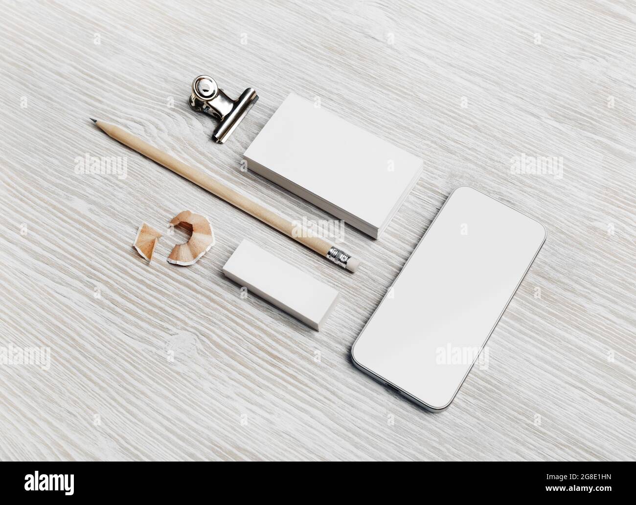 Blank branding template. Smartphone, business card, pencil and eraser ...