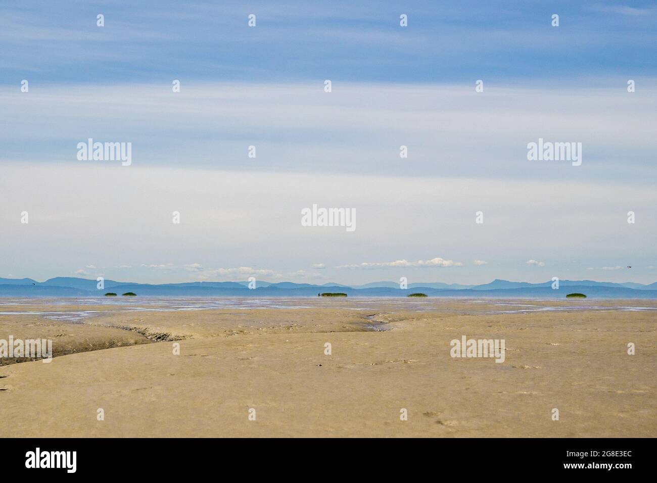 Exposed mud banks in very low tide on a hot summer day in a river ...