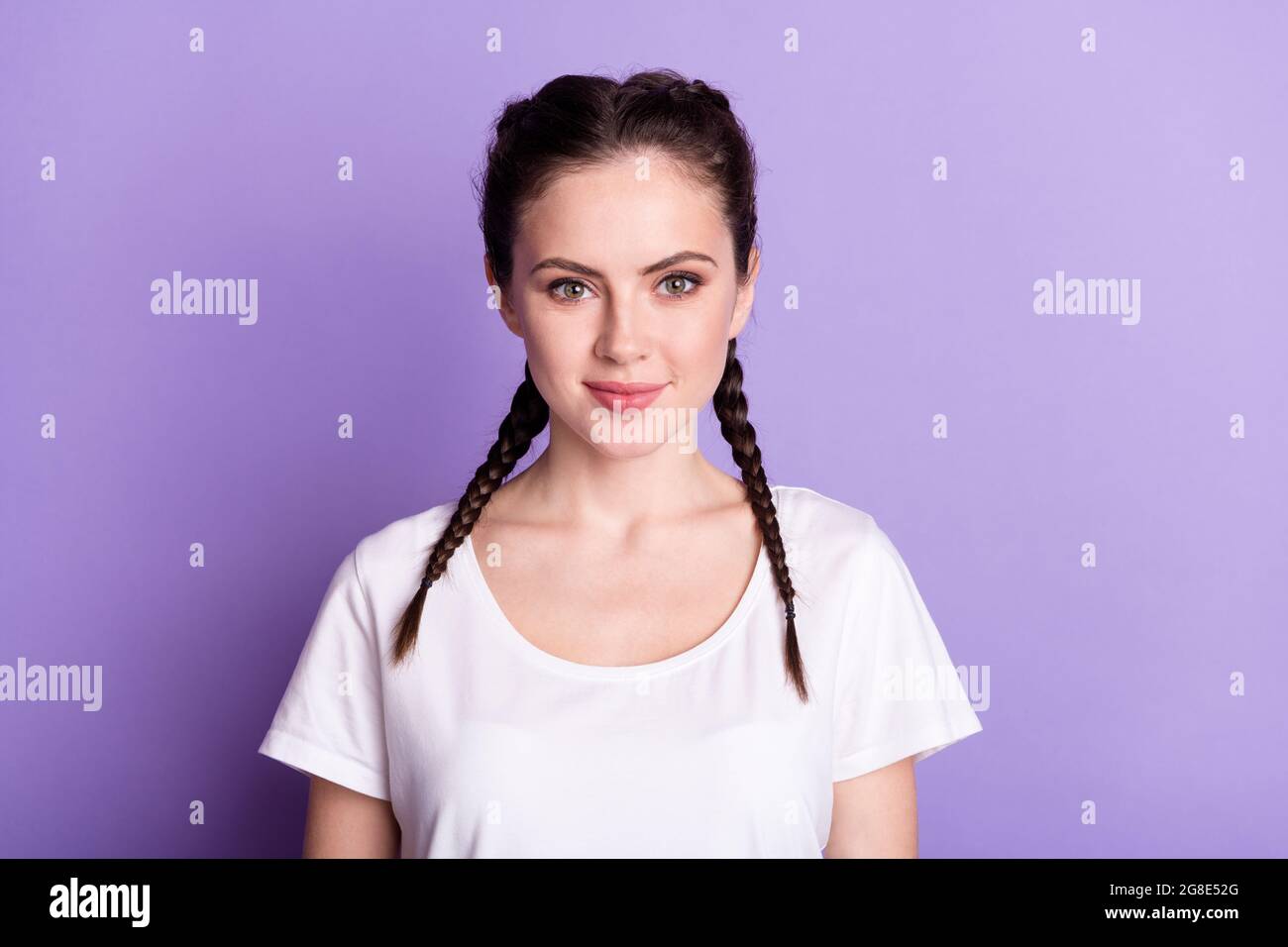 Photo of happy charming attractive young woman wear white t-shirt smile ...