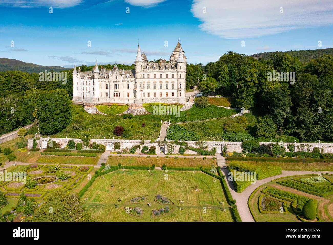 Aerial view from drone of Dunrobin Castle in Sutherland, Scotland, UK ...