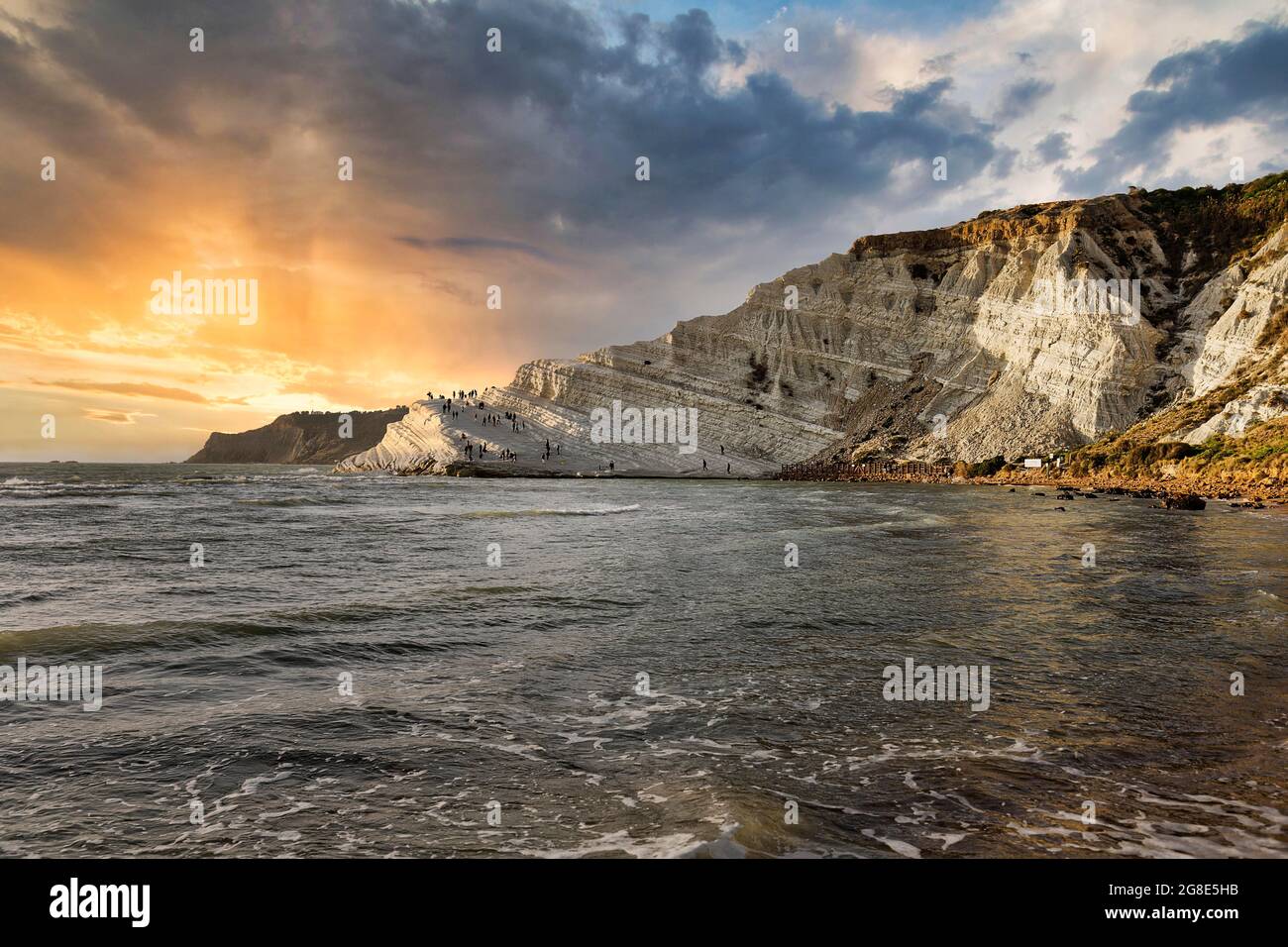 Sunset on rocky coast, chalk cliffs Scala dei Turchi, Turkish stairs ...
